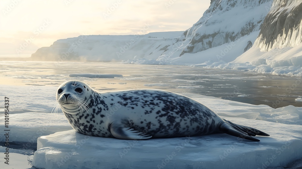 seal in polar regions resting on ice rocks icebergs background, artic ...