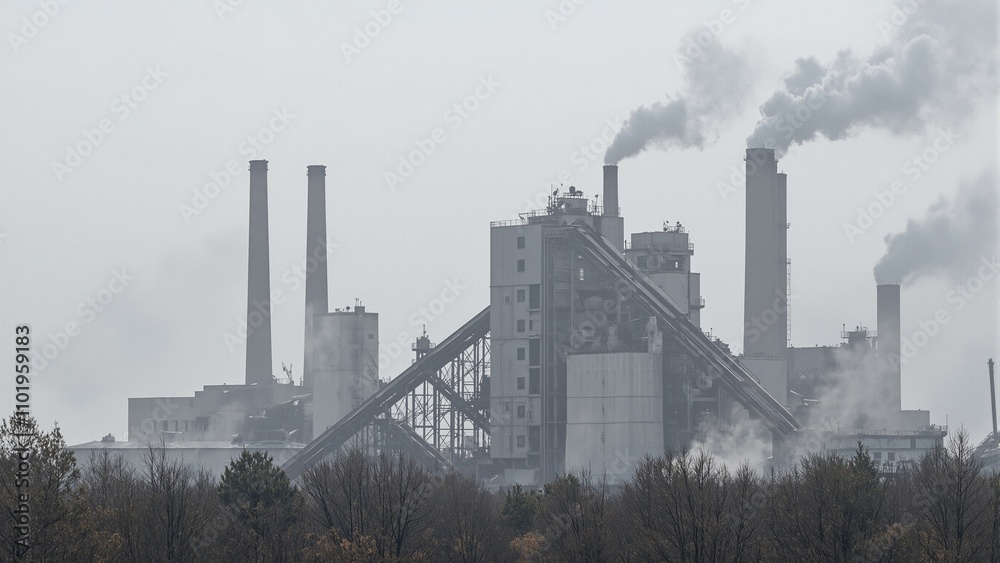 Industrial cement plant with smoke stacks conveyor belts and polluted ...
