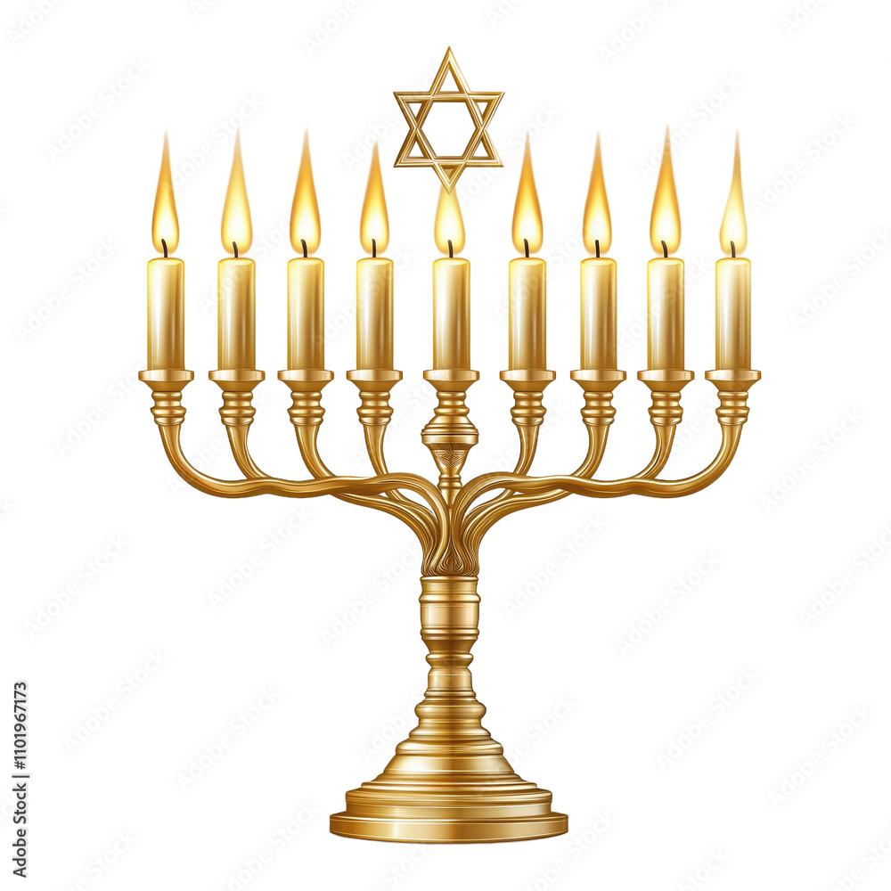 Star of David on Top of a Golden Menorah with Nine Candles Lit ...