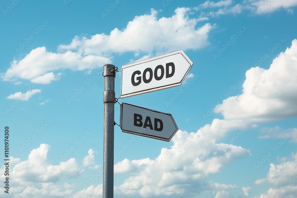 Good and bad concept. A road signboard split into two sections, one ...