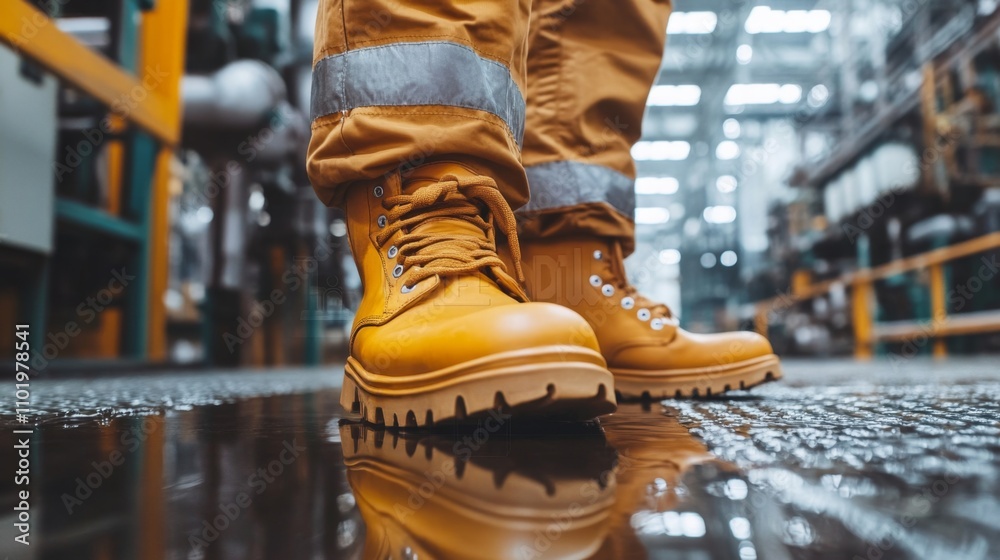 Close-up photos of Factory workers wearing safety shoes and working ...