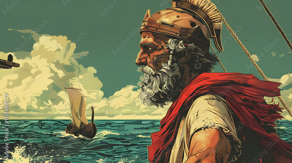 Odysseus old greek hero on his odyssey with his ship, anicent greek mythology illustration Stock ...