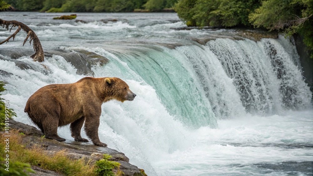 Grizzly bear crouched low to catch salmon in fast flowing river near ...