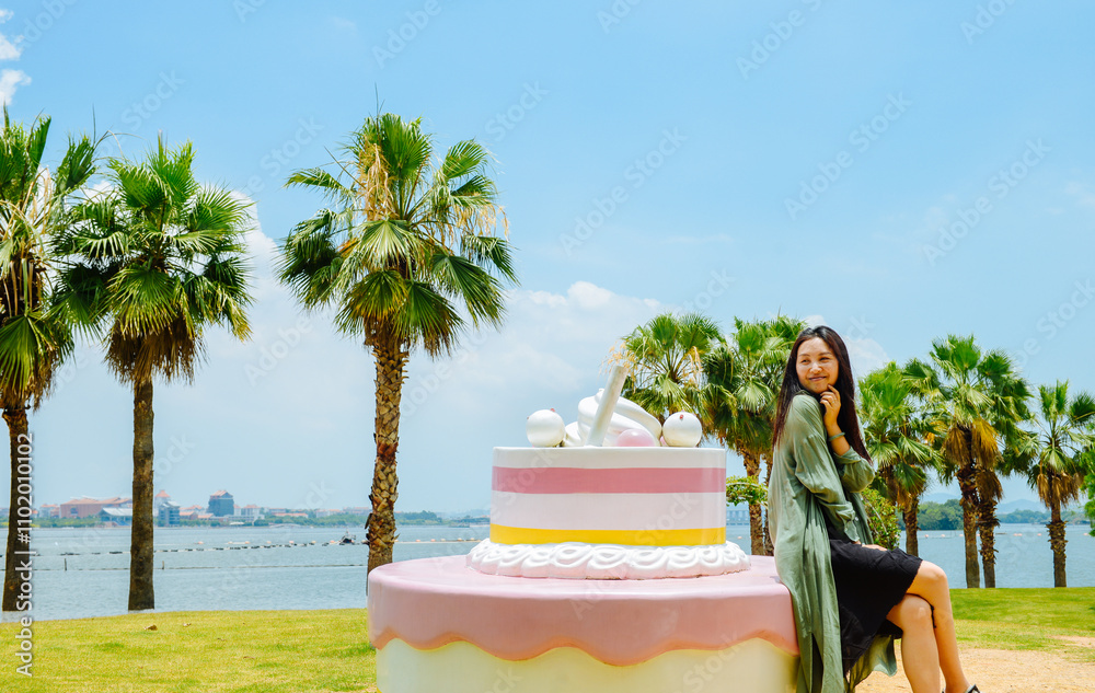 In early June, an Asian woman is enjoying herself on the beach at the ...