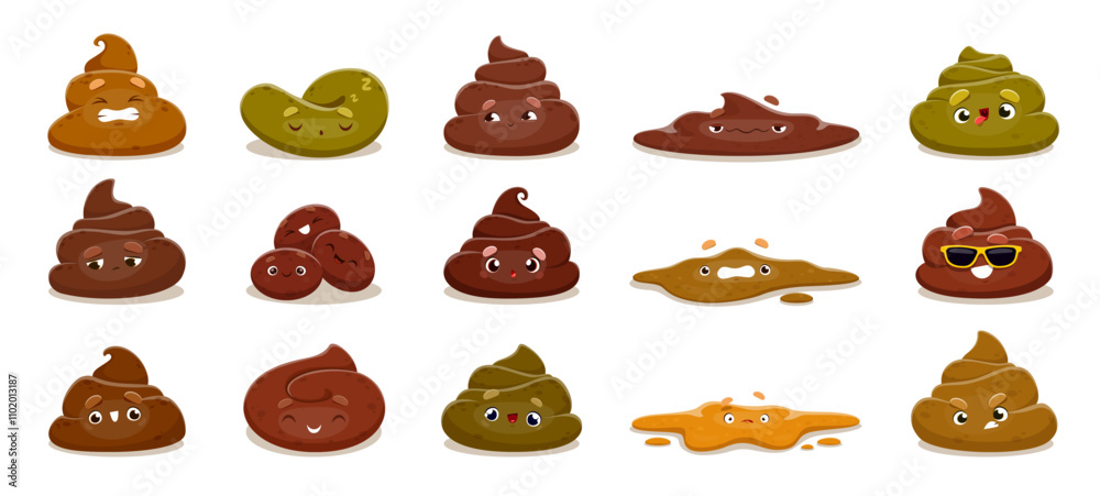 Cartoon poop emoji, poo characters with funny faces, sunglasses and cute smiles. Happy poop and ...
