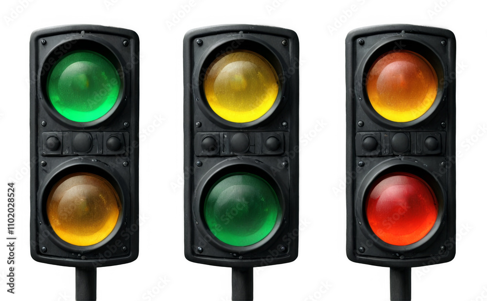 Metallic Traffic Lights in Red, Yellow, and Green on transparent ...