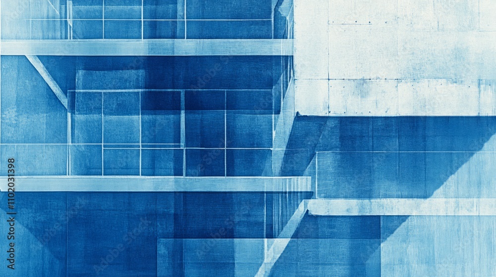 Abstract blue geometric background with architectural cyanotype with ...
