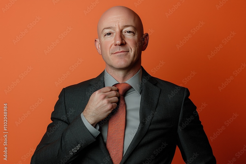 Confident bald man adjusting his tie in a stylish business suit with a ...