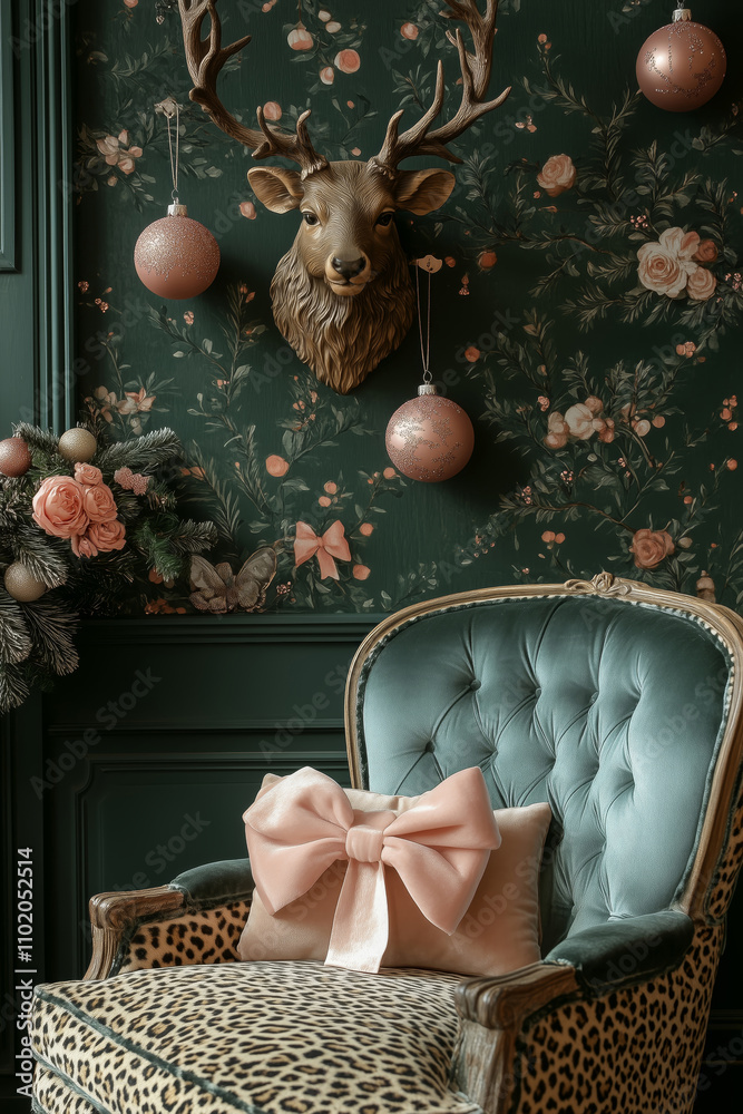 leopard-print Christmas baubles, dark green wallpaper with a pink bow and a deer head decoration ...