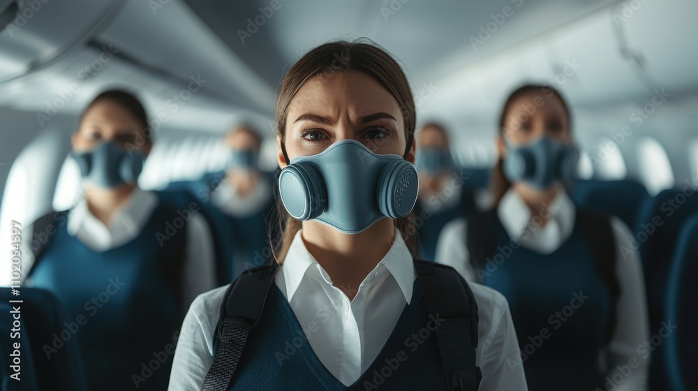 Cabin crew shows emergency oxygen mask procedures on aircraft Stock ...