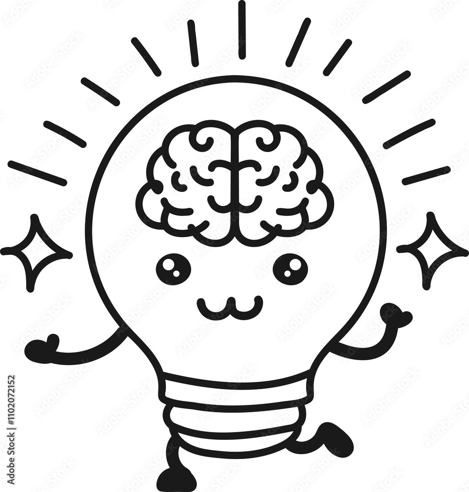 Cartoon light bulb with a brain inside, smiling face, arms, legs, and ...