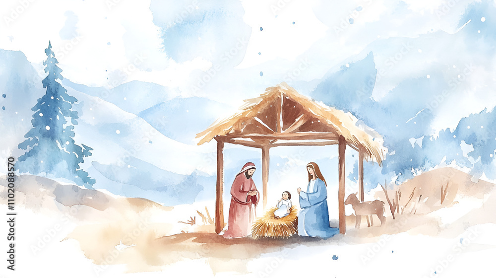 Ilustración de Stock Watercolor painting representing Nativity scene in ...