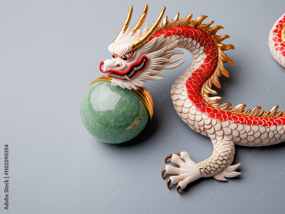Ornamental dragon wrapping around jade globe, showcasing intricate ...