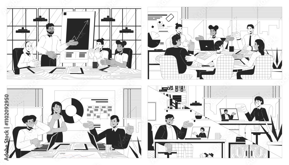 Teamwork meetings black and white line illustrations set. Multicultural ...