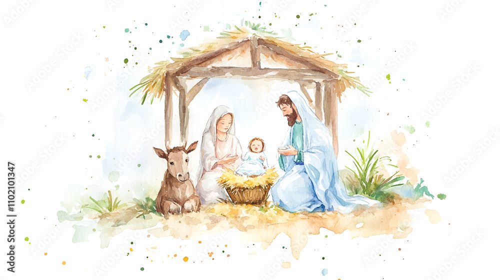 Watercolor painting representing Nativity scene in Bethlehem. Christmas ...