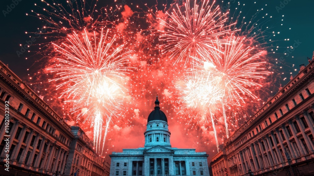 Fireworks exploding over state capitol building during new year's eve ...