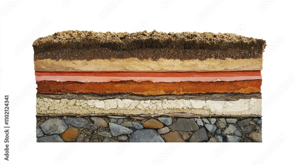 Cross-section of soil layers showing organic material, topsoil, and ...