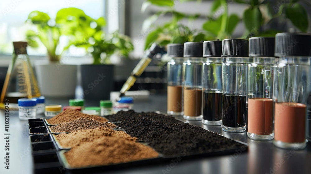 Soil pH testing in a lab, with equipment and labeled samples showing ...