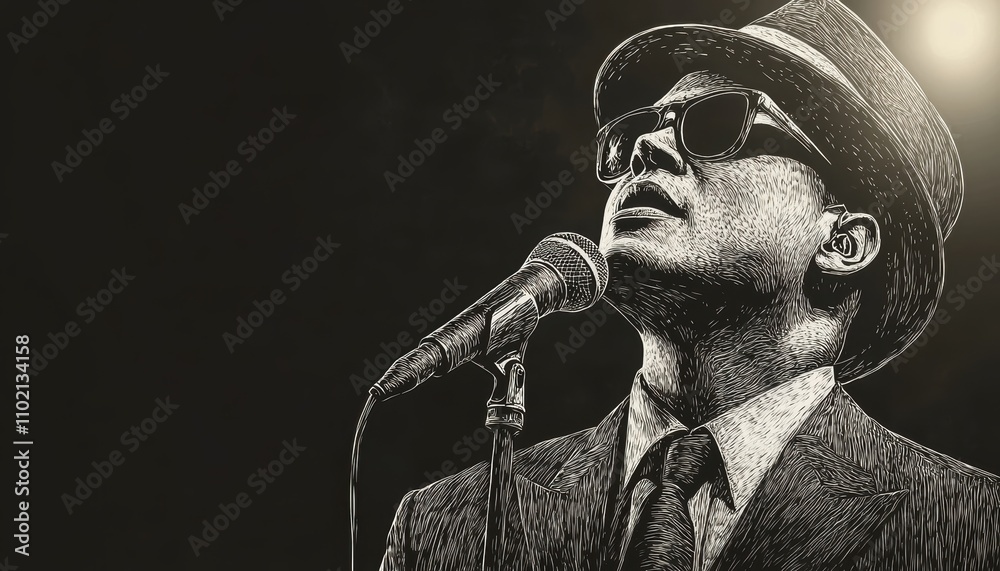 Black-and-white drawing of a charismatic man performing on stage with a ...