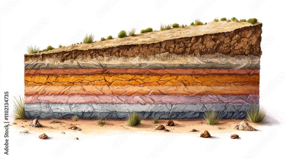 Cross-section of a soil profile with clear layers, from topsoil to ...