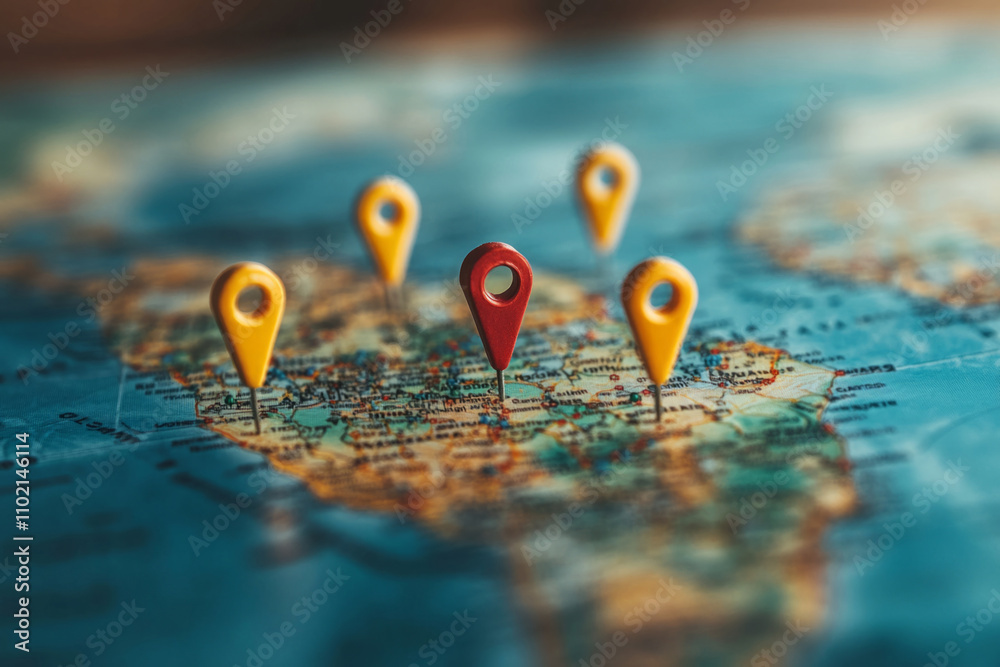 Colorful location pins marking destinations on a world map, symbolizing ...