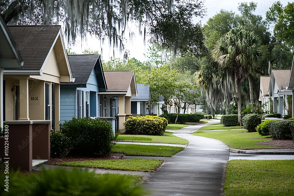 Picturesque Tree-Lined Suburban Street with Quaint Houses and Scenic ...