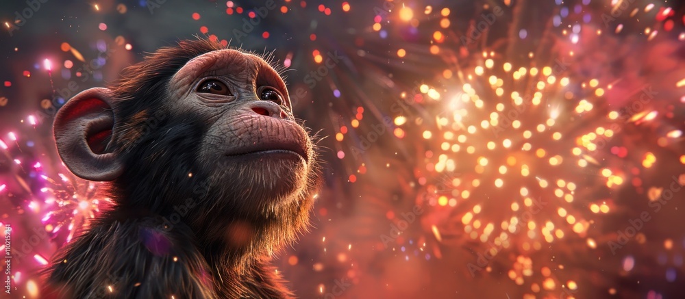 Curious and amazed monkey watching the colorful and spectacular ...