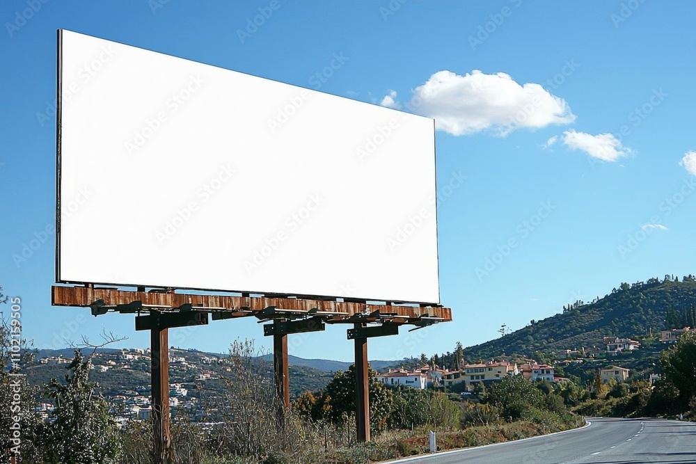 Mockup of a white blank wide billboard for advertisements along the country road | Blue sky in ...