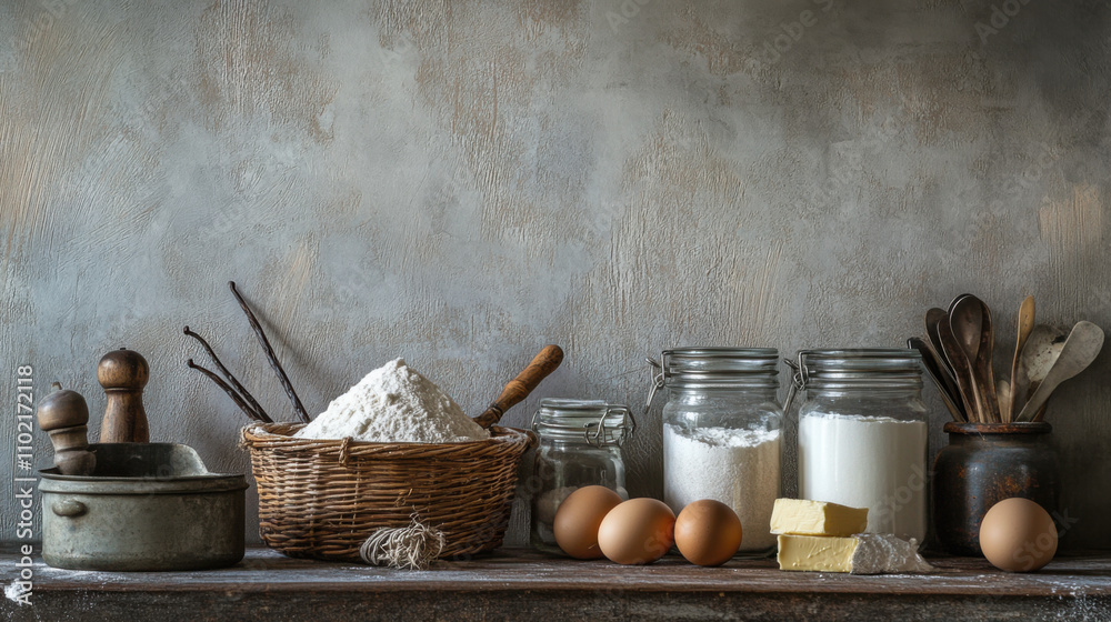 Rustic Kitchen Counter with Baking Ingredients Including Flour, Eggs ...