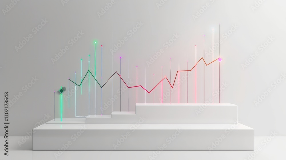 A sleek, minimalistic 3D graph with vibrant, colored lines charting ...