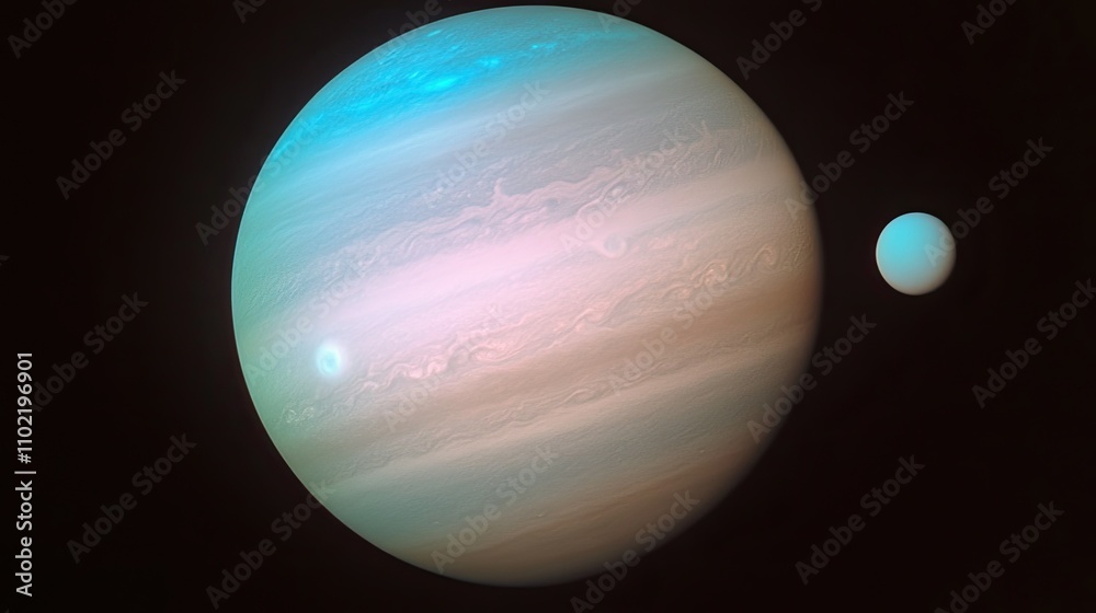 Neptune and its moon Triton, captured together against a dark cosmic ...