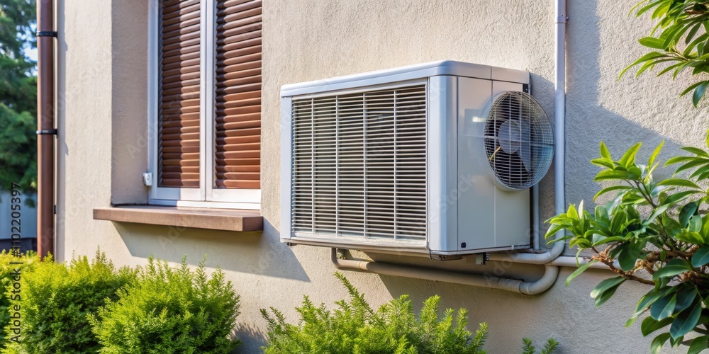 Outdoor Air Conditioner Unit on a Beige Wall with Green Foliage and ...