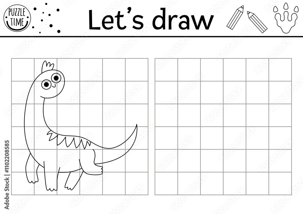 Draw the dinosaur. Vector prehistoric drawing practice worksheet with ...