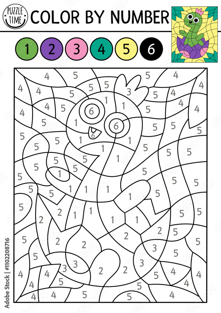 Vector dinosaur color by number activity with hatching brachiosaur, egg ...