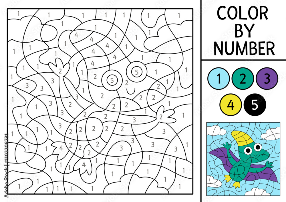 Vector dinosaur color by number activity with little baby pterosaur ...