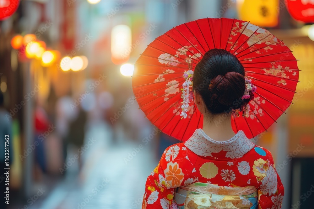 Geisha wearing red kimono walking down a street in japan holding a ...