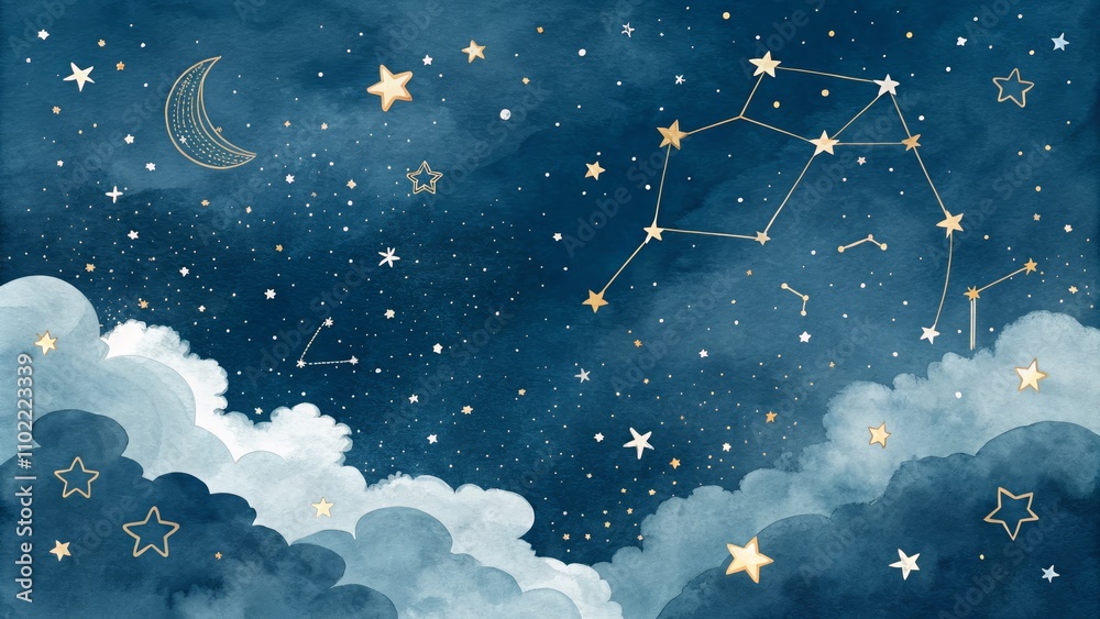Watercolor Night Sky with Golden Stars and Constellation, night sky ...