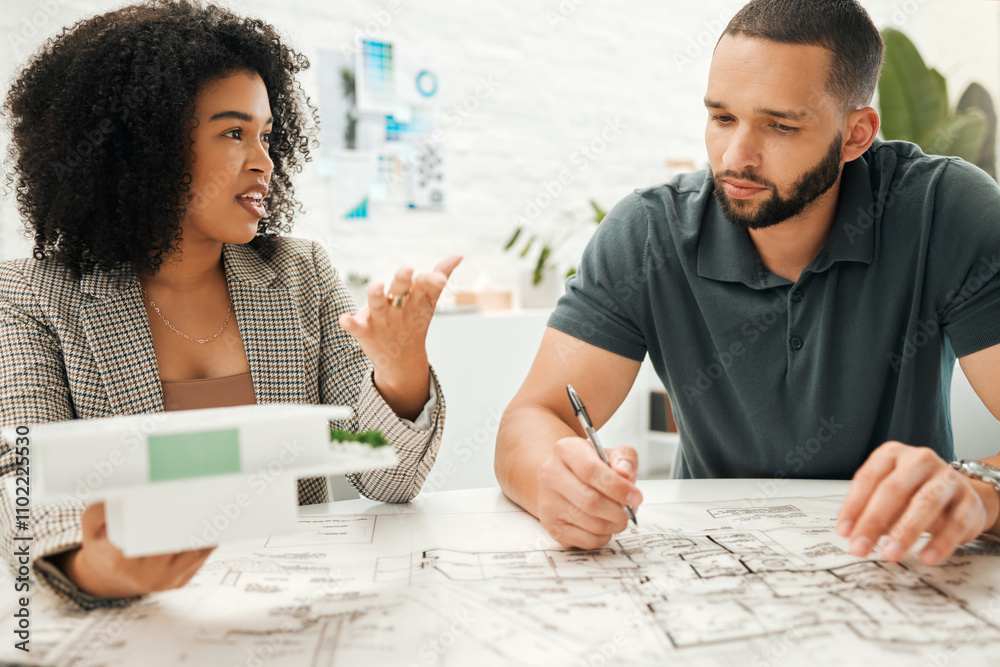 Business people, blueprint and building model for floor plan design and ...