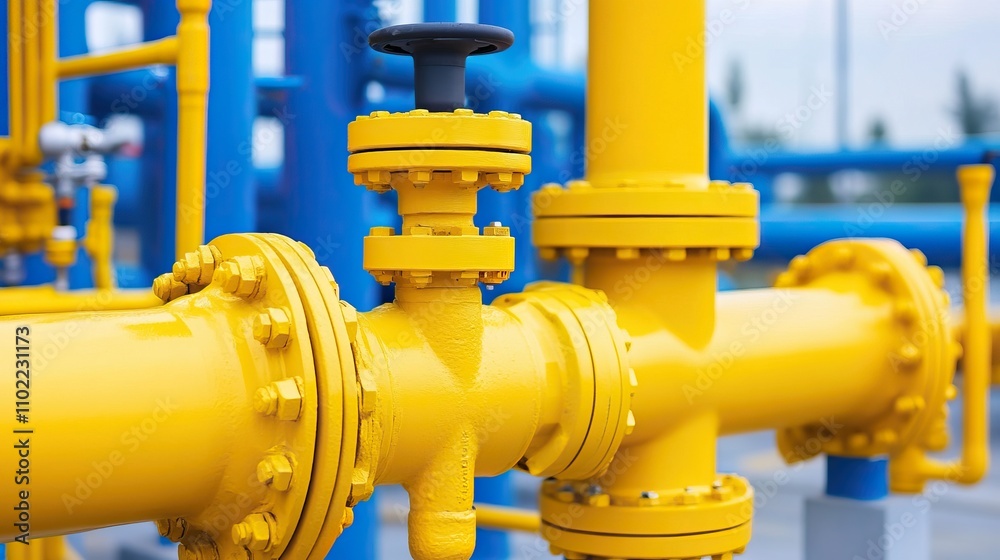 A close-up view of bright yellow industrial valves and pipes ...