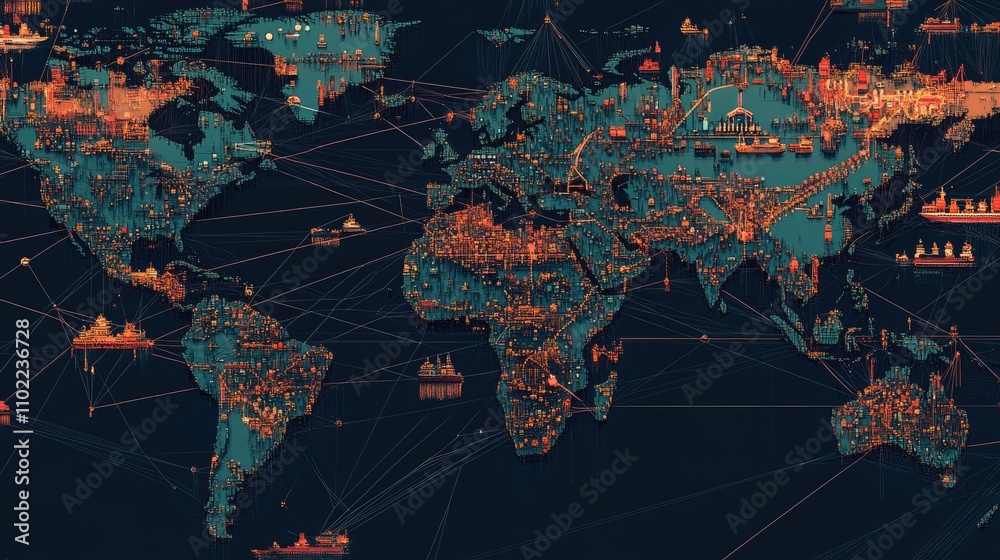 Infographic-style visualization of global supply chains with key nodes ...