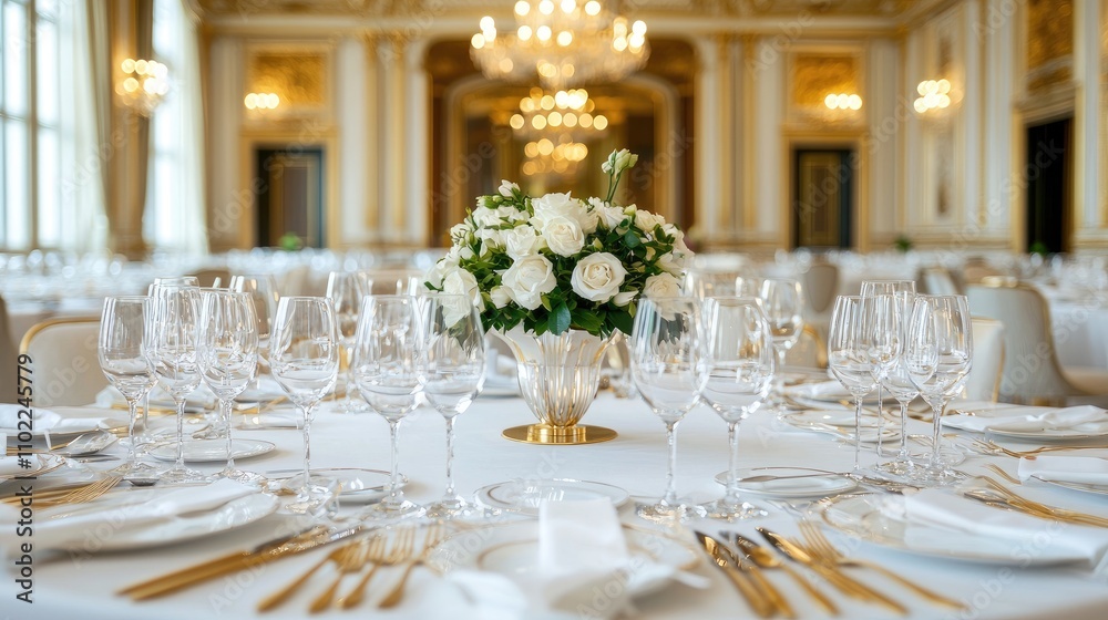 Elegant banquet table setup with fine dining tableware, sparkling glassware, and a beautiful ...