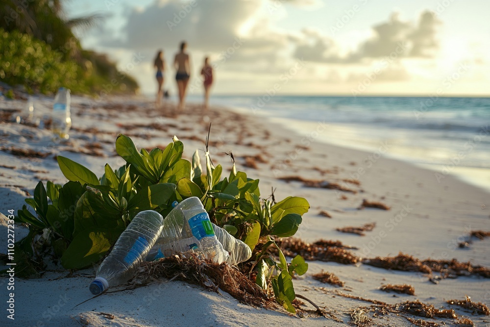 Tulum Beach Dawn with Lush Greenery and Subtle Litter: Serene Shoreline ...