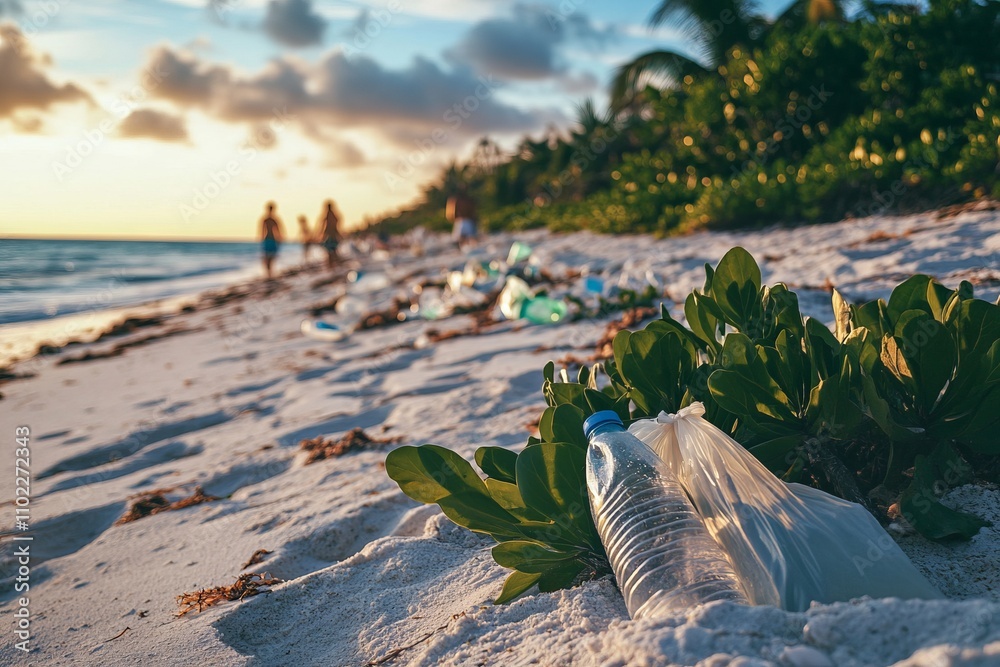 Tulum Beach Dawn with Lush Greenery and Subtle Litter: Serene Shoreline ...