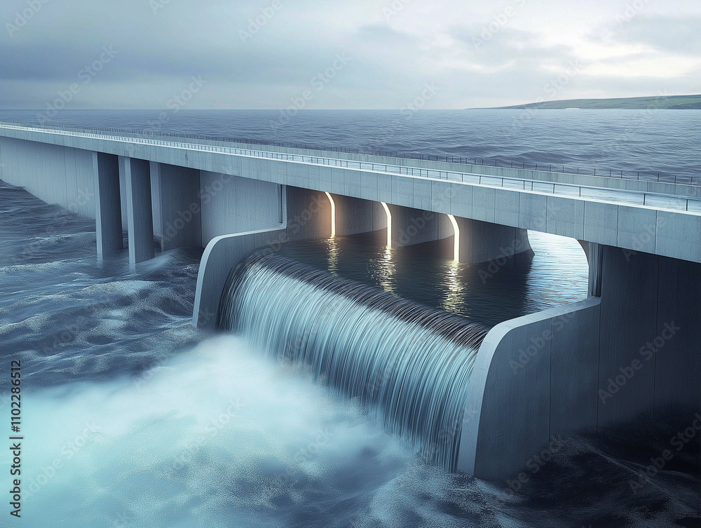 hydropower innovation concept. A modern bridge over turbulent water ...
