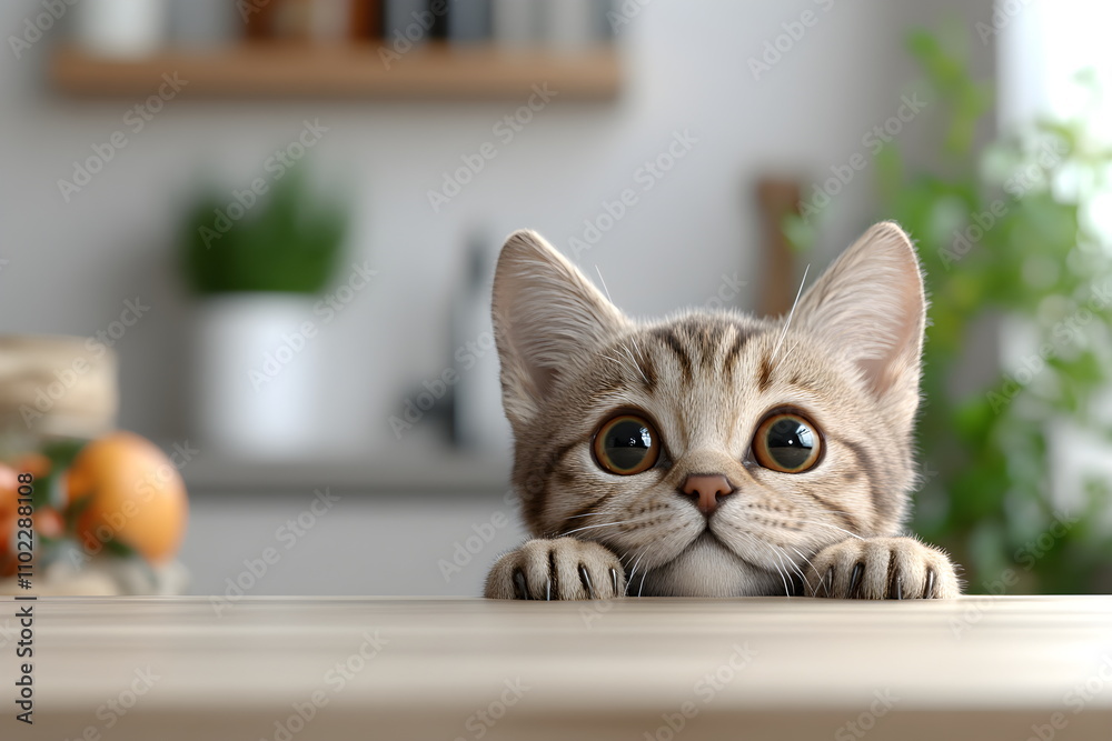 Cute cat waiting asking for food against the background of a bright ...