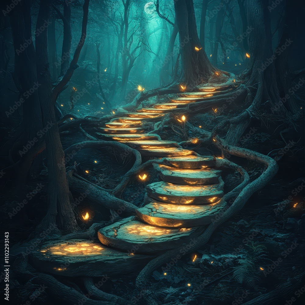Enchanted forest path illuminated by glowing steps and fireflies under ...