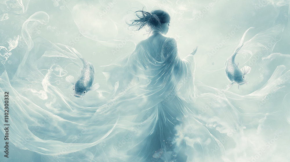 Ethereal Pisces character with glowing fish, delicate scales, and water ...