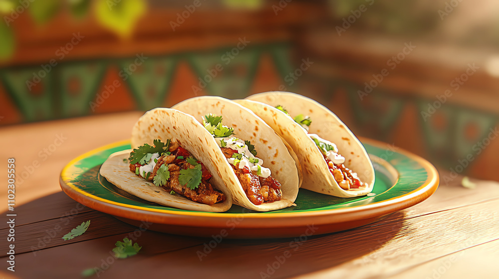 Authentic Mexican taco served on a bright ceramic plate, festive ...