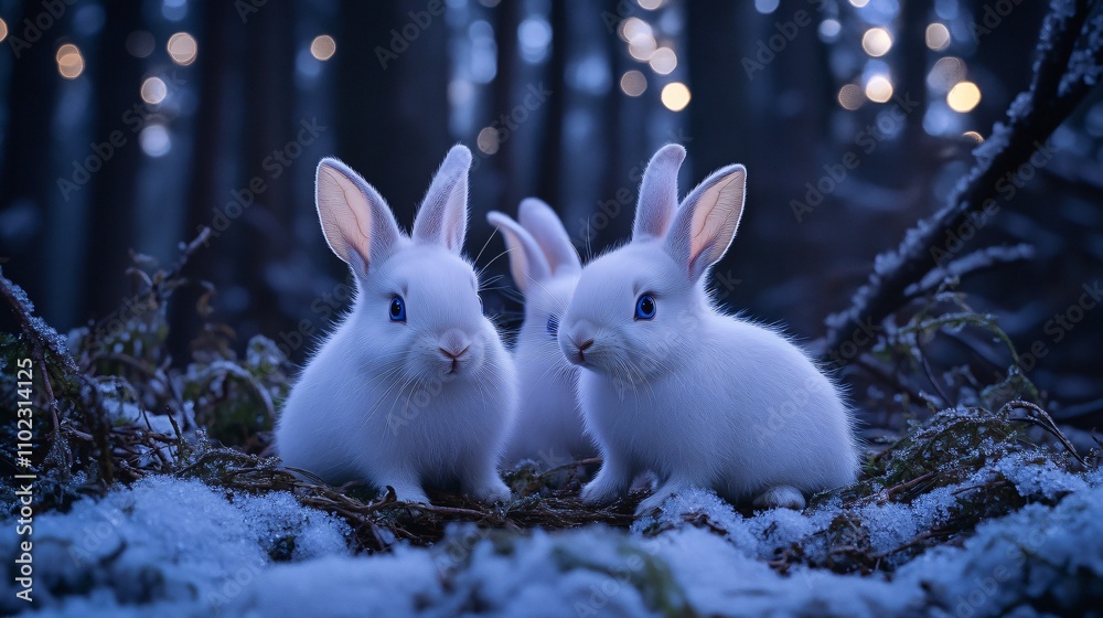 3 baby rabbits sitting together in the enchanted forest, the rabbits ...