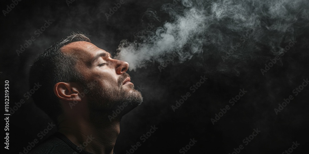 profile of a man exhaling cigarette smoke in a dark background dramatic ...